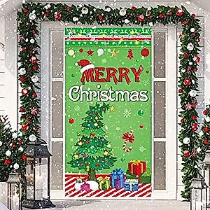 Christmas Door Decorations, Large Fabric Merry Christmas Door Banner Cover for Xmas Party, Christmas Photography Backdrop for Winter Door Decor & New Year Party Supplies