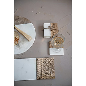 Creative Co-Op Contemporary Mango Wood and Marble Serving Engraved Design Cutting Board, 12" Round, White & Natural