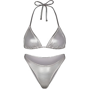 Women Metallic Bikini Swim Sexy Silver Swimsuit Triangle Top and Bottom Set(051,Silver,L)
