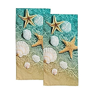 My Daily Seashells Starfish Hand Towel Set of 2, Beach Nautical Face Towel Thin Washcloths 30x15 inch, Portable Absorbent Soft Towels for Gym Yoga Spa Bathroom Decor