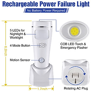 Enhon 4 in 1 LED Rechargeable Plug in Flashlights, 6 Pack LED Emergency Lights for Home Power Failure Emergency, Plug in Power Outage Light, Power Failure Light with Motion Detection (White)