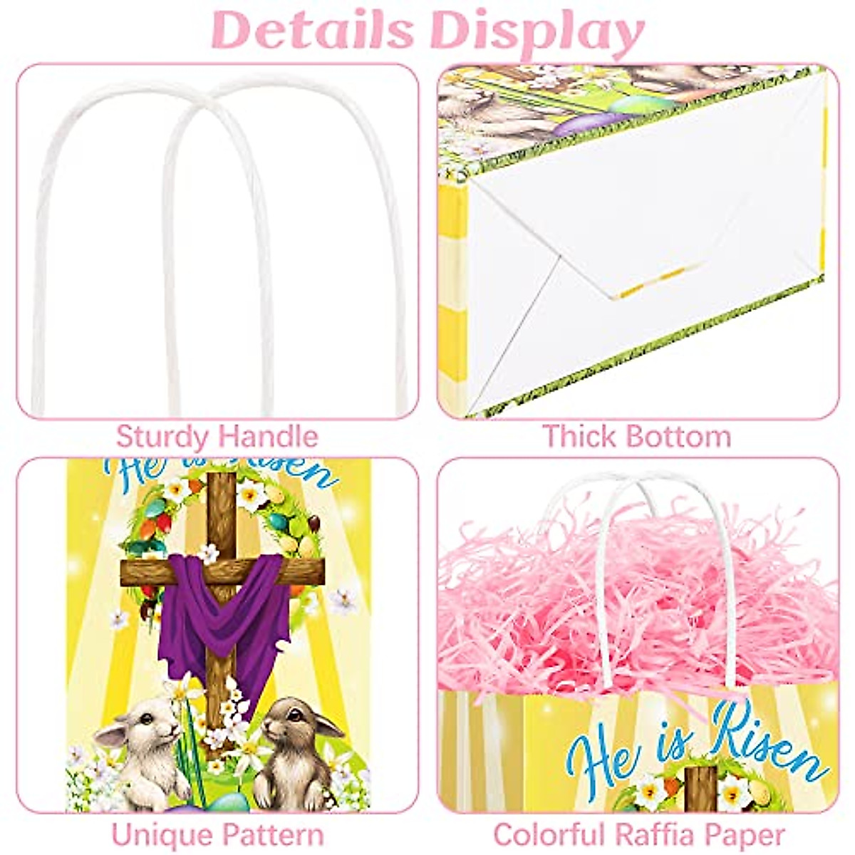 MIMIND 24 Pieces Easter Bunny Paper Gift Bags Inspiring He Is Risen Sign Candy Goodie Bags with Double Handles and Rayon Raffia for Easter Theme Bible Party Favors Egg Hunt Supplies