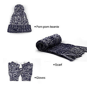 DTBG Knitted Beanie Gloves & Scarf Winter Set Warm Thick Fashion Hat Mittens 3 in 1 Cold Weather for Women Blue
