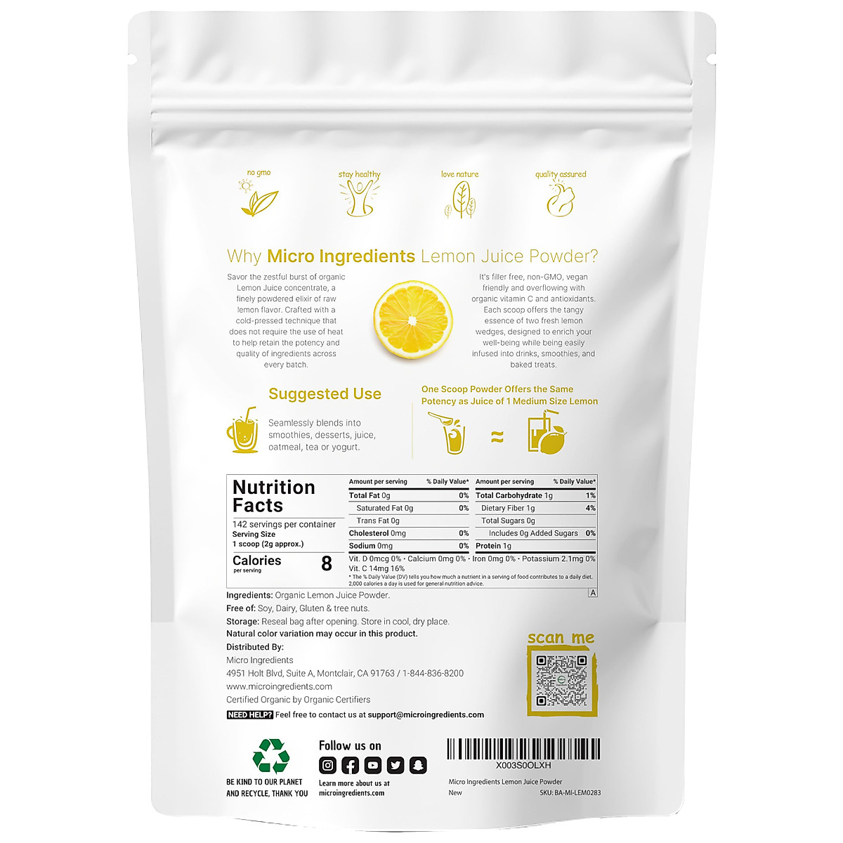 Organic Lemon Juice powder, 10 Ounce | 100% Natural Fruit Powder | Cold Pressed Lemons Source | No Sugar & Additives | Great Flavor for Drinks, Smoothie, & Beverages | Non-GMO & Vegan Friendly