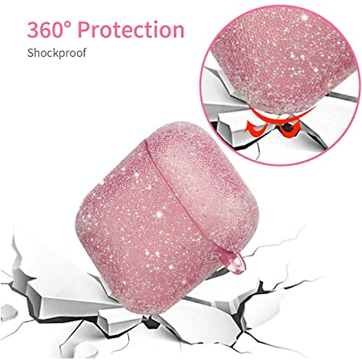 Bling Airpods Case, Cute Glitte Diamond Airpod 1st/2rd Case Cover for Girls Women, Rhinestone Airpods Protective Case with Keychain, Scratch Proof and Drop Proof (Pink)