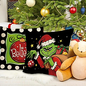 Fahrendom Merry Christmas Decorative Throw Pillow Covers 18 x 18 Set of 4, Xmas Pine Tree Ornament Joy Believe Porch Outdoor Pillowcase, Black Green Polka Dot Winter Holiday Cushion Case Home Decor