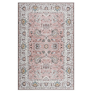 ULTSOFE Machine Washable Rug 4x6 Boho Area Rug, Pink Rugs for Bedroom Girls Bedside Living Room Dining Room Office, Anti Slip Low-Pile Stain Resistant Printed Vintage Floral Carpet