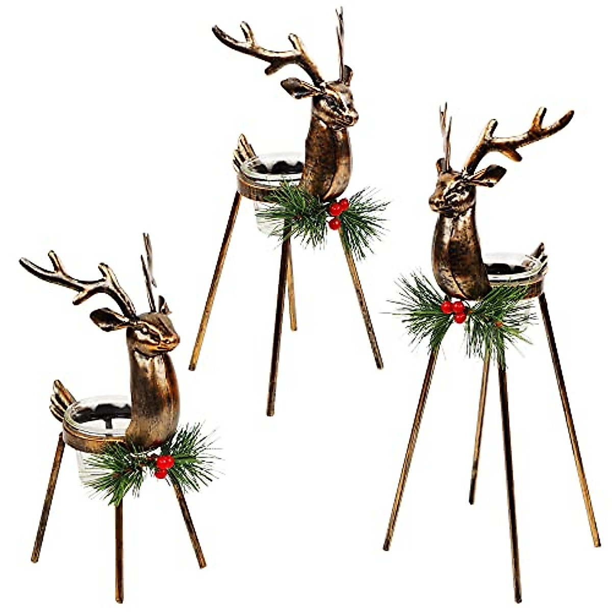 Juegoal Set of 3 Reindeer Tealight Candle Holders, Standing Iron Metal Christmas Decorations, Glass Votive Candle Holder, Durable and Rust-Proof Holiday Tabletop Centerpiece and Display