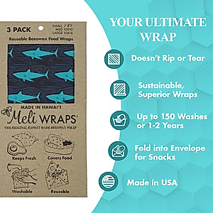 Meli Wraps - 3-Pack Reusable Beeswax Wraps for Food, Eco-Conscious Food Storage, Small, Medium and Large Food Wrap, Shark