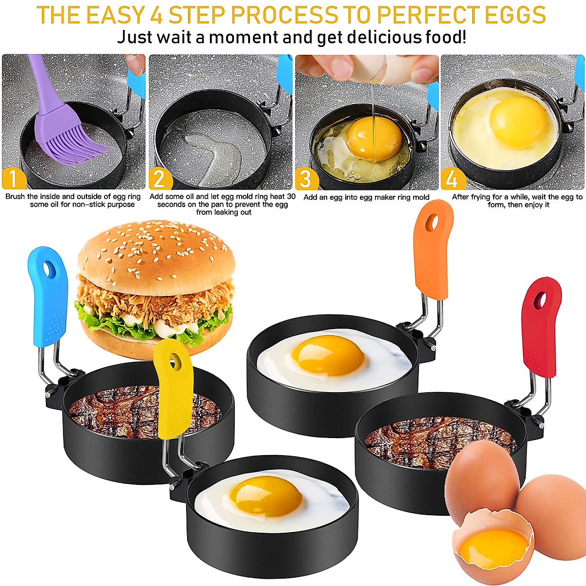 Stainless Steel Nonstick Egg Rings, Oil Brush, Silicone Spatula, Round Frying Eggs Pancake Mold with Anti-scald Handle, for Camping Breakfast Sandwich Burger Fried Eggs English Muffins - 6 Pack