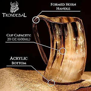 Trondebal Viking Drinking Horn Mug, 15-20 Oz Natural Ox Horn Cup & Cofee Stein | Cool Unique Gift for Men and Women, Home Decor Accessories | Shot Glasses for Beer, Ale, Mead, Whiskey