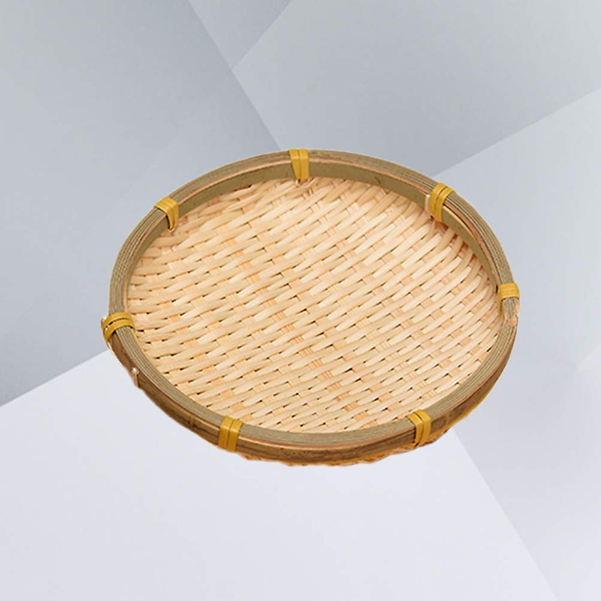 Hemoton Bamboo Woven Round Basket Tray Rustic Wood Decorative Serving Tray for Breakfast Drinks Snack Coffee Table Wall Hanging Home Decoration 18cm
