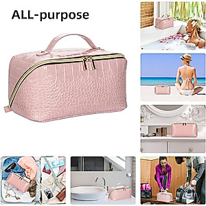 Sanshisi Travel Makeup Bag, Waterproof Leather Portable Cosmetic Travel Bag for Women Large Capacity Cosmetic Organizer Pouch with Compartments and Handle, Pink
