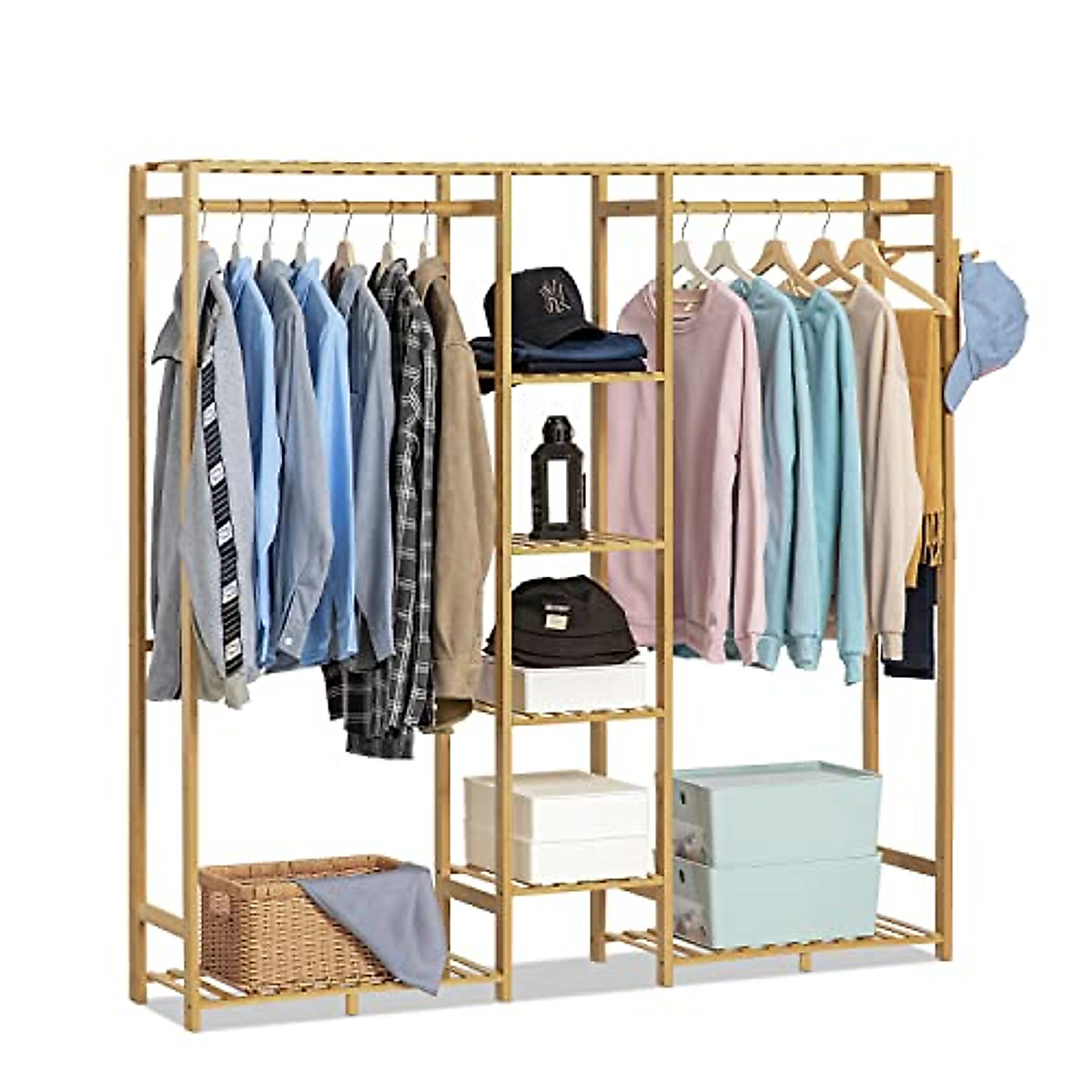 MoNiBloom Bamboo Clothes Rack with Double Rods and Storage Shelves Free Standing Open Wardrobe Rack for Hanging Clothes and Storage for Bedroom Living Room, Natural