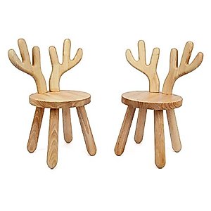 Wooden Kids Chair Set (Pack 2), Naturally Finished Solid Hardwood,Antlers Toddler Stool,Moose Chair,Handmade, for Playroom, Nursery, Preschool,Bedroom,Kindergarten,Reading,Playing,Boys Girls Age 2+