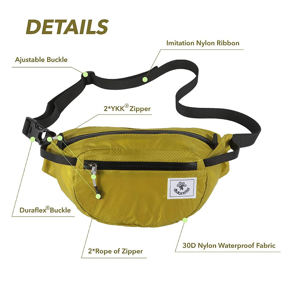 4Monster Hiking Waist Packs Portable,Water Resistant Fanny Pack Bags Lightweight with Adjustable Strap for Outdoor, Workout,Running,Hiking,Traveling,Biking,Camping and Fishing (Yellow green, 2L)