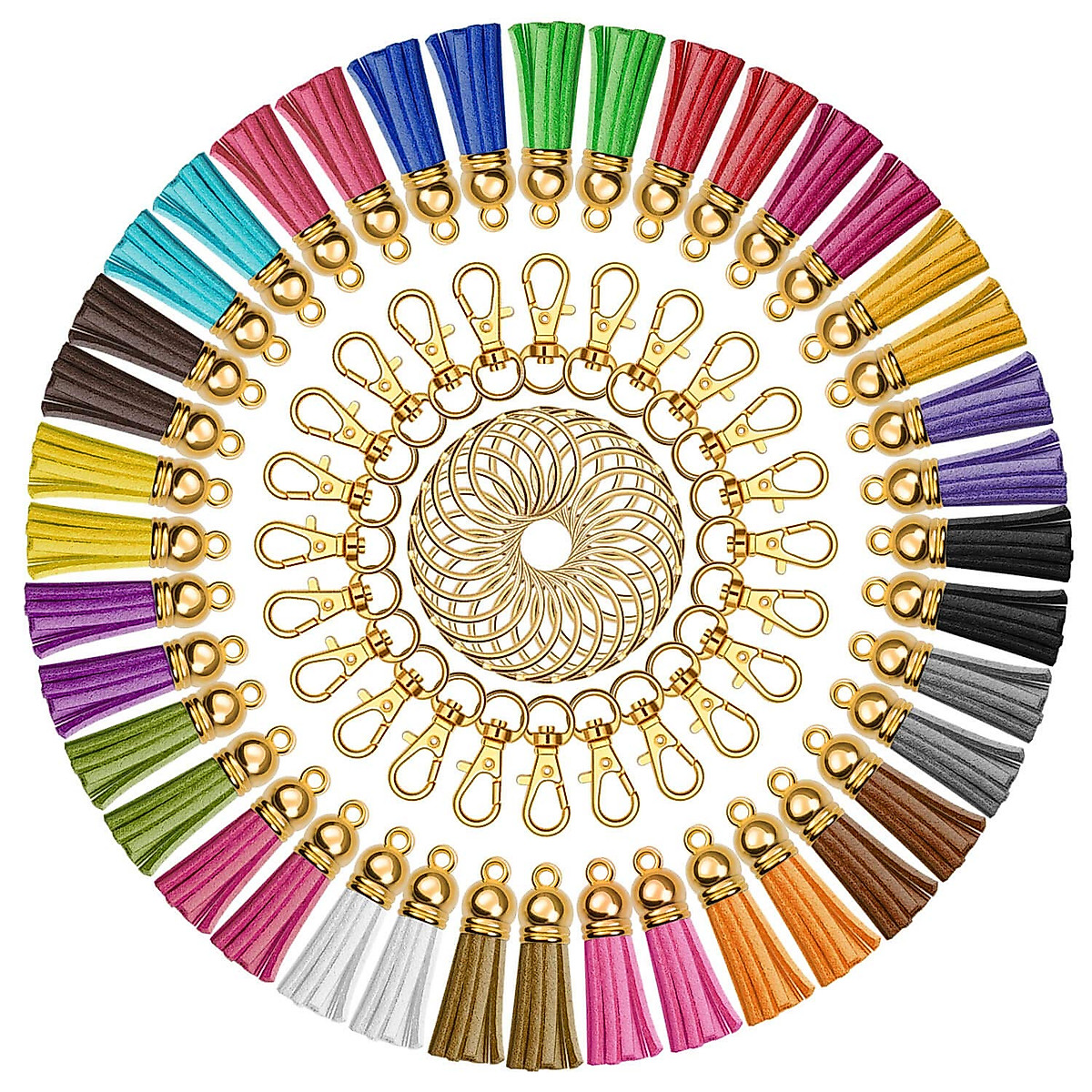 Tassels for Crafts, Anezus 100Pcs Keychain Tassel Set Including 50Pcs Tassels, 25Pcs Lobster Clasp Keychain and 25Pcs Keychain Rings Bulk for Acrylic Blank Keychains, Shrinky Film Artand Crafts (Gold)