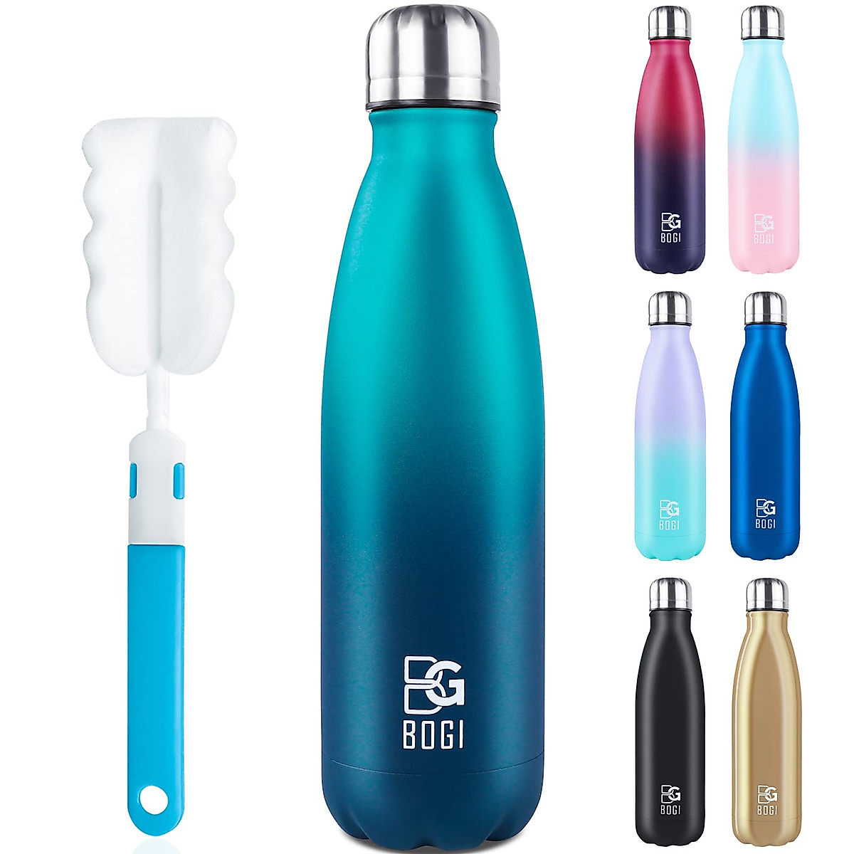 BOGI Insulated Water Bottle, 17oz Stainless Steel Water Bottles, Leak Proof Sports Metal Water Bottles Keep Cold for 24 Hours and Hot for 12 Hours BPA Free kids water bottle for School (Blue DBlue)