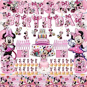 Pink Mouse Party Supplies, Pink Mouse Birthday Party Decorations Include Banner, Hanging Swirls, Cake Foil Balloons, Latex Balloons, Cake Toppers, Tableware, Tablecloth