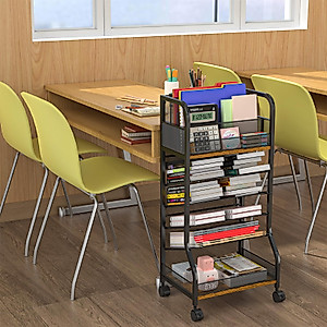 Rolling File Cart 6 Tier File Organizer Cart,Wood and Mesh Design with Detachable Wheels Removable Trays,Rolling Office Cart Homeschool Organization,Paper Organizer Desk Beside Mobile Bookshelf