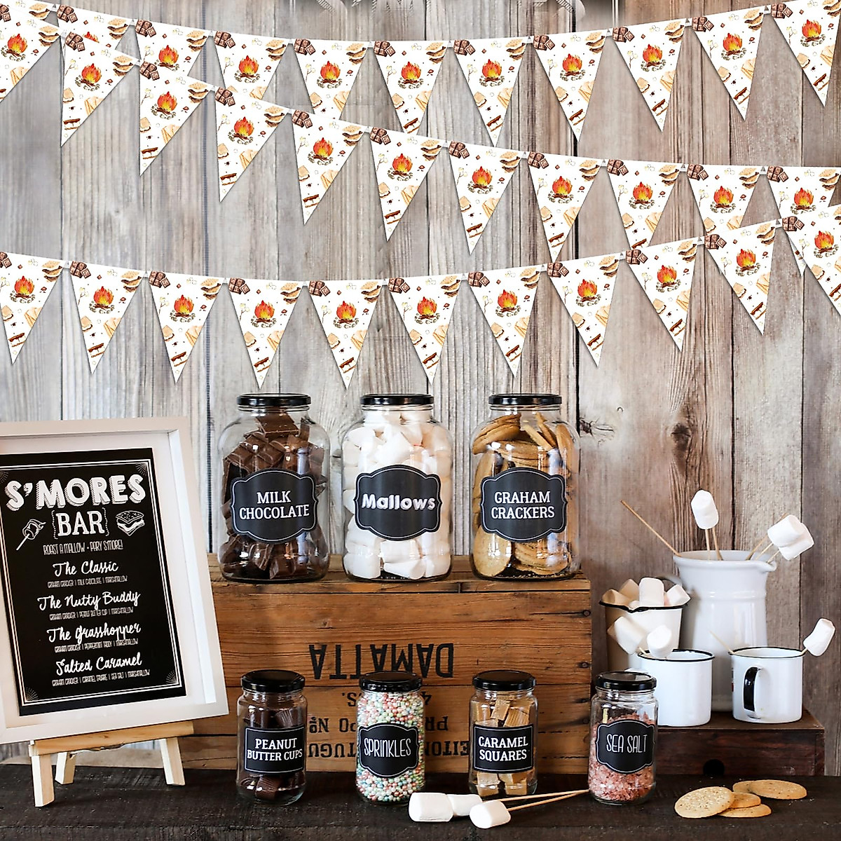 Jollyboom Smores Birthday Decorations, 3pcs Smore Camping Campfire Camper Birthday Party Pennant Banners, Smores Baby Shower Fun to Be One Birthday Party Pennant Flag Banner for Camping Theme Party