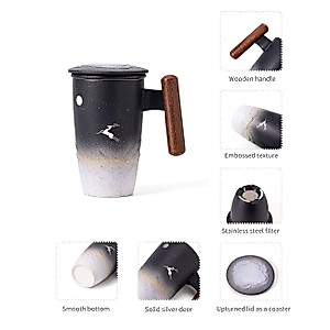 TANG PIN Moonlight Deer Ceramic Tea Cup with Infuser and Wooden Handle Steeping Mug 13.5 OZ (Black&White)