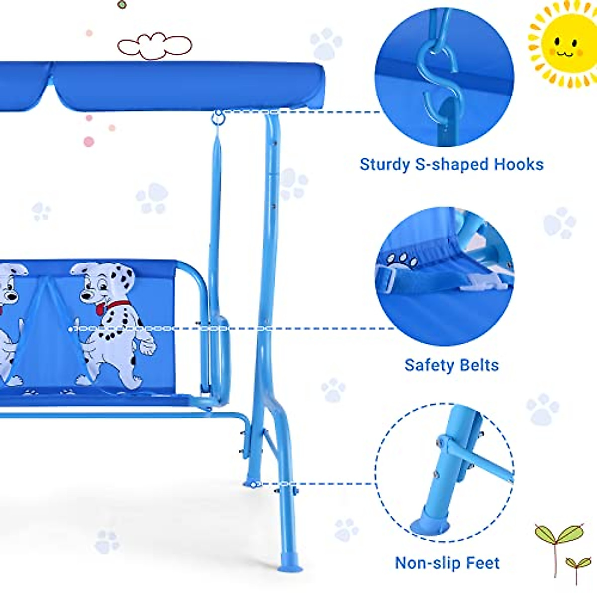 Costzon Patio Swing, All-Weather Porch Swing w/ Safety Belt, 2 Seats Outdoor Lounge Chair Hammock w/ Removable Canopy, Outdoor Swing Bench for Backyard Lawn Garden (Puppy Pattern, Blue)