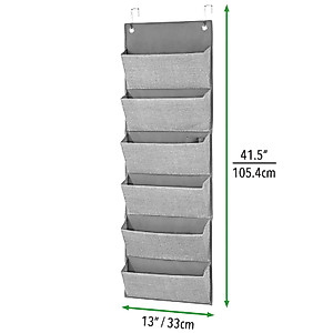 mDesign Soft Fabric Over The Door Hanging Storage Organizer with 6 Large Pockets for Closets in Bedrooms, Hallway, Entryway, Mudroom - Textured Print - Hooks Included - Gray