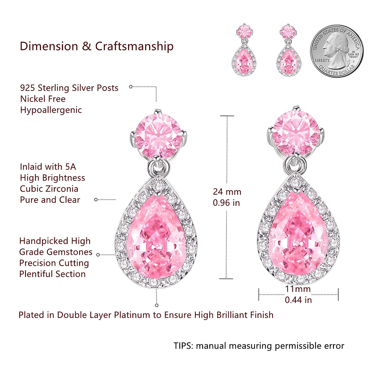 VONSSY Drop Dangle Earrings | Gemstones Waterdrop Teardrop White Gold Plated Crystal Hanging Cubic Zirconia Hypoallergenic Earrings | Stylish Jewelry Gift for Mother Daughter Wife (Pink)