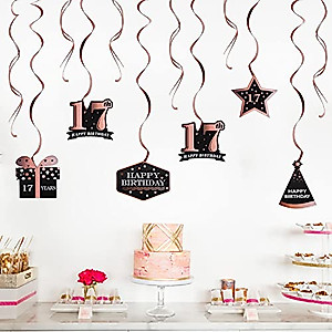 LINGTEER Happy 17th Birthday Rose Gold Swirls Streamers - Cheers to 17th Birthday Seventeen Years Old Bday Party Hanging Decorations.