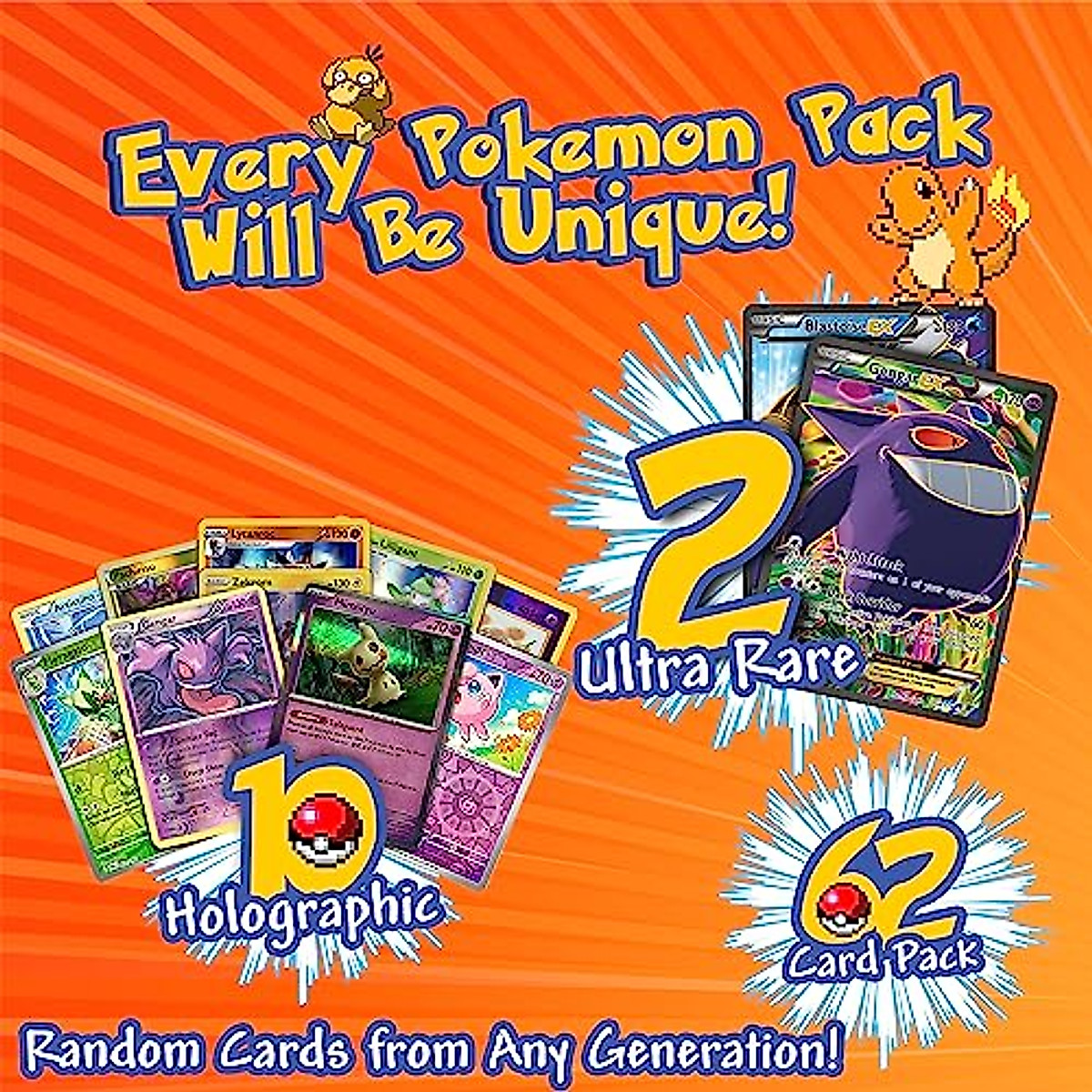 Ultra Rare PKMN Cards Starter Pack - 10 Holo, 2 Ultra Rare, 50 Assorted Cards with Deck Box – No Duplicates - Limited Edition | Surprise Your Friends & Boost Your Collection and Battle Skills- 62 Pack