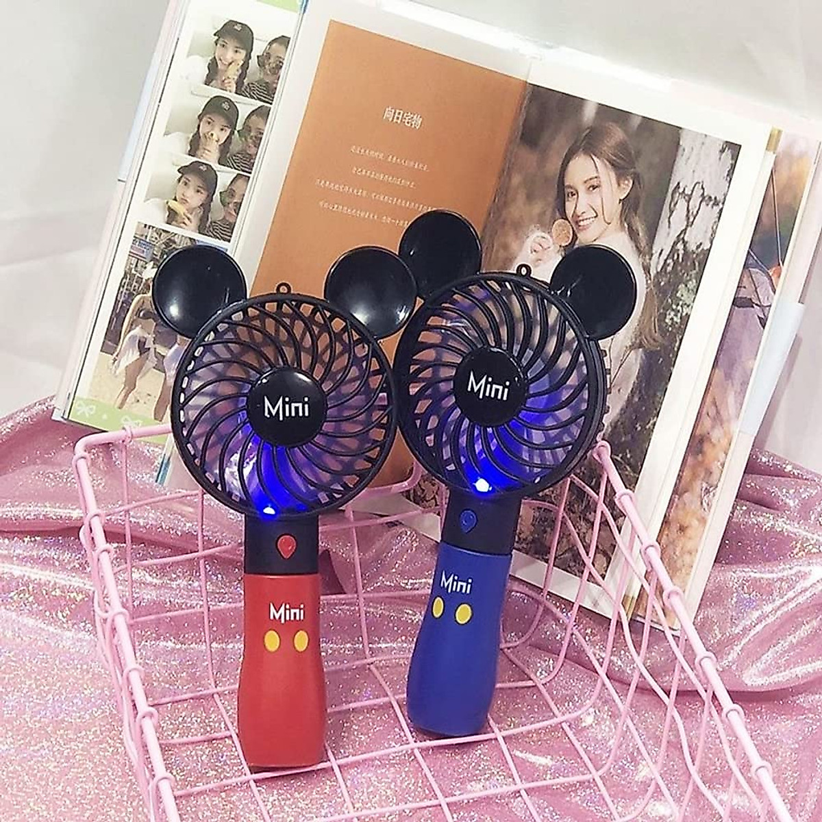 Cute Personal Mini Fan, Handheld & Portable USB Rechargeable Fan with Beautiful LED Light, 3 Adjustable Speeds, Portable Holder, for Indoor Or Outdoor Activities, Cute Mouse