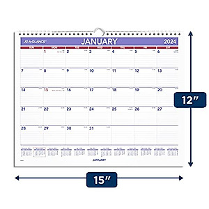 AT-A-GLANCE 2024 Wall Calendar, 15" x 12", Medium Wide, Spiral Bound, Monthly (PM82824)