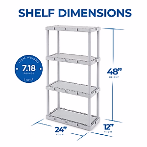 Gracious Living 4 Shelf Knect-A-Shelf Ventilated Light Duty Storage Unit Organizer System for Home, Garage, Basement, and Laundry, Gray.