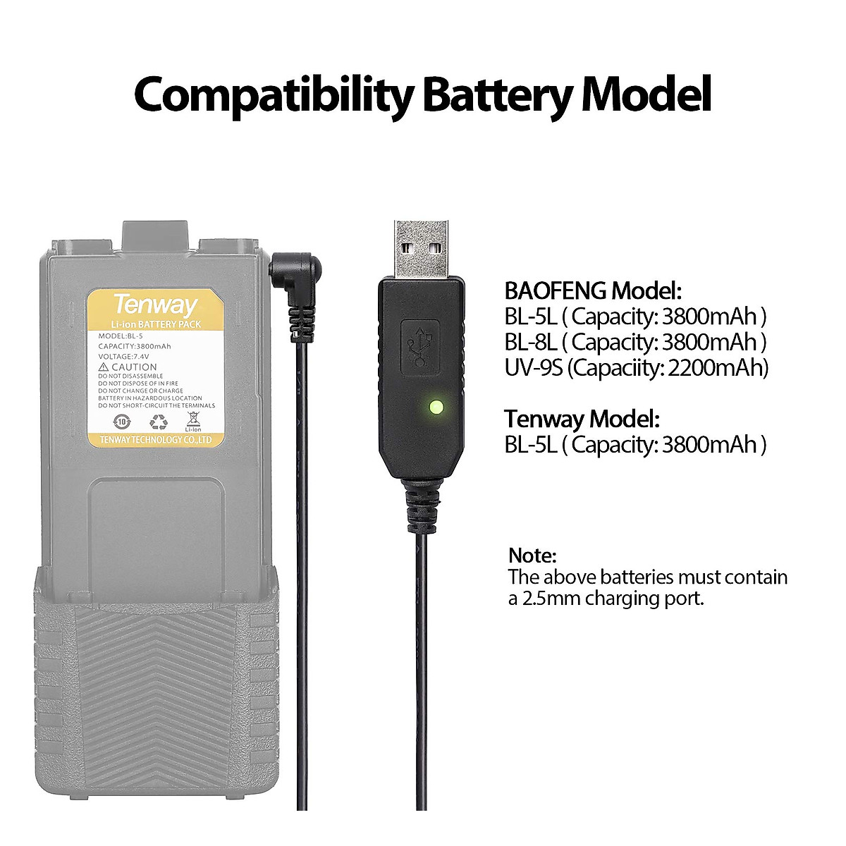 Tenway 2Pcs UV-5R BF-8HP Extended Battery BL-5L 3800 mAh with USB Charging Cable and Chargers Compatible with BAOFENG UV-5R Series