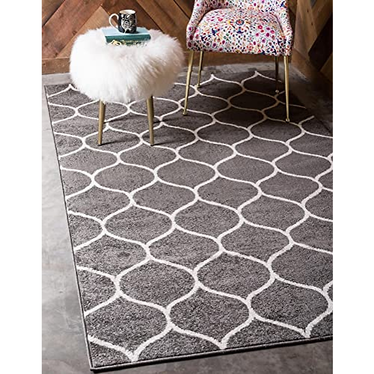 Unique Loom Trellis Frieze Collection Area Rug - Rounded (4' 1" x 6' 1", Dark Gray/ Ivory)