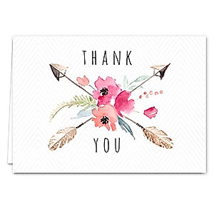 Boho Spirit Thank You Note Cards / 36 Greeting Cards With White Envelopes Set / 6 Floral And Feather Gratitude Card Designs / 3 1/2" x 4 7/8" Thanks Note Cards