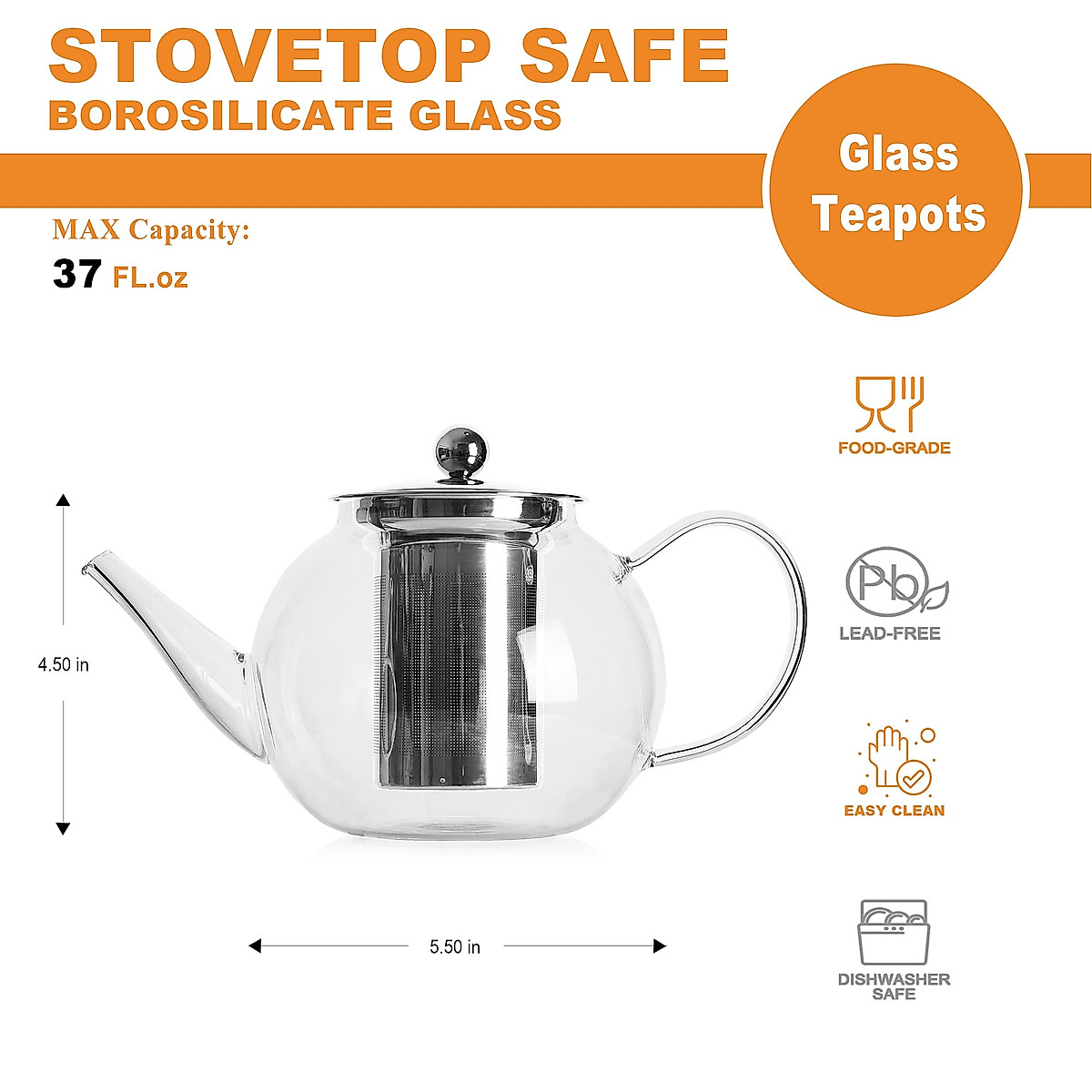 LUXU Glass Teapot with Stainless Steel Infuser & Lid,Stovetop Safe 1100ml/37 oz Clear Glass Tea Kettle with Comfortable Handle,Premium Blooming and Loose Leaf Tea Maker Set