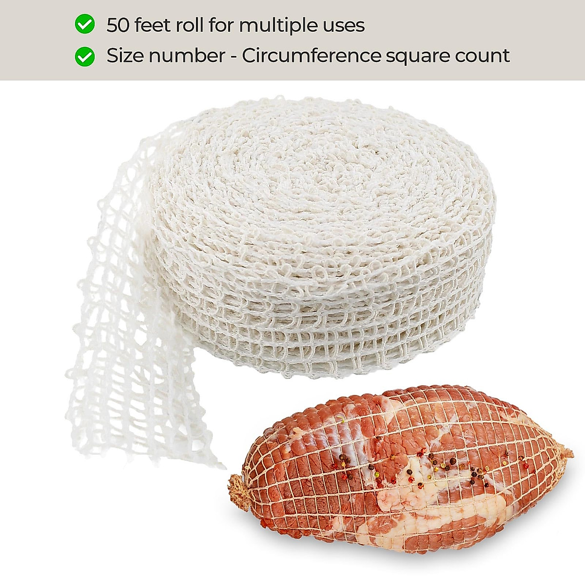 The Sausage Maker® 50ft Meat Netting Roll Size 20, Elastic Butchers Twine Cooking String Food Net For Turkey Breast, Large Bologna, Pork Butt, USA Made, BPA Free Stretchable Poly-Cotton Mesh, 5.5" Dia