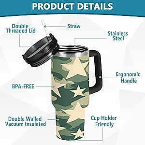 FRCSDIY Stars Insulated Tumbler with Handle and Straw Lid,40oz Leakproof Stainless Steel Cup BPA-Free Water Bottle