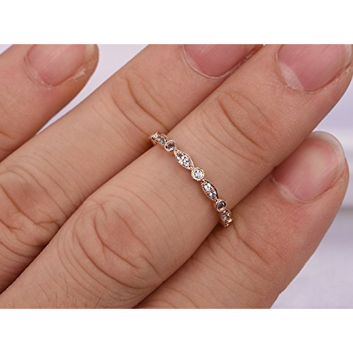 Blue Topaz Wedding Ring,Art Deco,14K Rose Gold,Anniversary Ring,Half Eternity,Milgrain,Matching Band