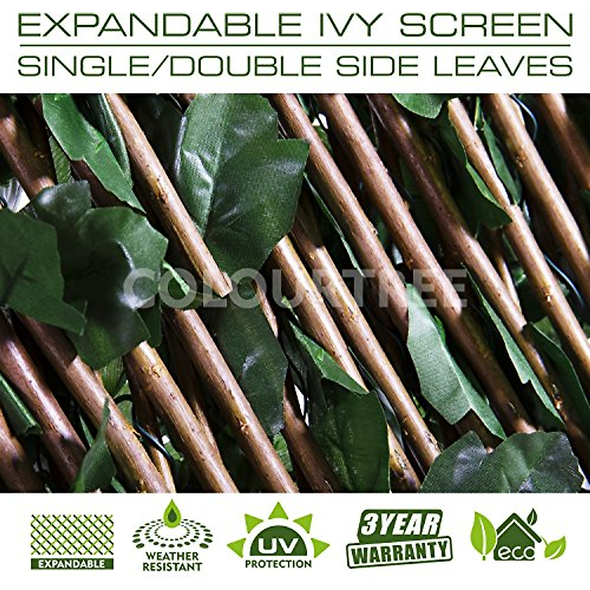 ColourTree Expandable Rectractable Faux Artificial Ivy Trellis Hedge Fence Screen Privacy Screen Wall Screen - Commercial Grade 150 GSM - Heavy Duty - 3 Years Warranty (2, Double Sided Leaves)