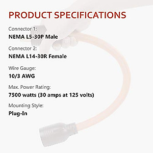 BOEEMI Generator Transfer Switch Adapter Cord L5-30P Male to L14-30R Female, 30 Amp Twist Lock 3 Prong to 4 Prong Generator Plug Adapter Connects Generator’s 3 Prong Outlet to 4 Prong Inlet Box, 1.5FT