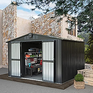 Domi Backyard Storage Shed 9.8’ x 7.9’ with Galvanized Steel Frame,Outdoor Garden Shed Metal Utility Tool Storage Room with Latches and Lockable Door for Balcony Lawn Poolside (Dark Gray)