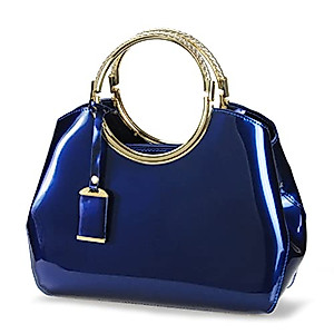 HOXIS Charm Glossy Metal Grip Structured Shoulder Handbag Top Handle Patent Leather Handbags for Women (Navy)