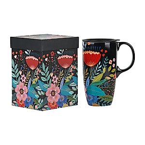 DUSVALLY Ceramic Mug Large Coffee Cup Tall Mugs Porcelain Latte Tea Cup with Lid and Color Box 17oz.Black and Colorful Flowers