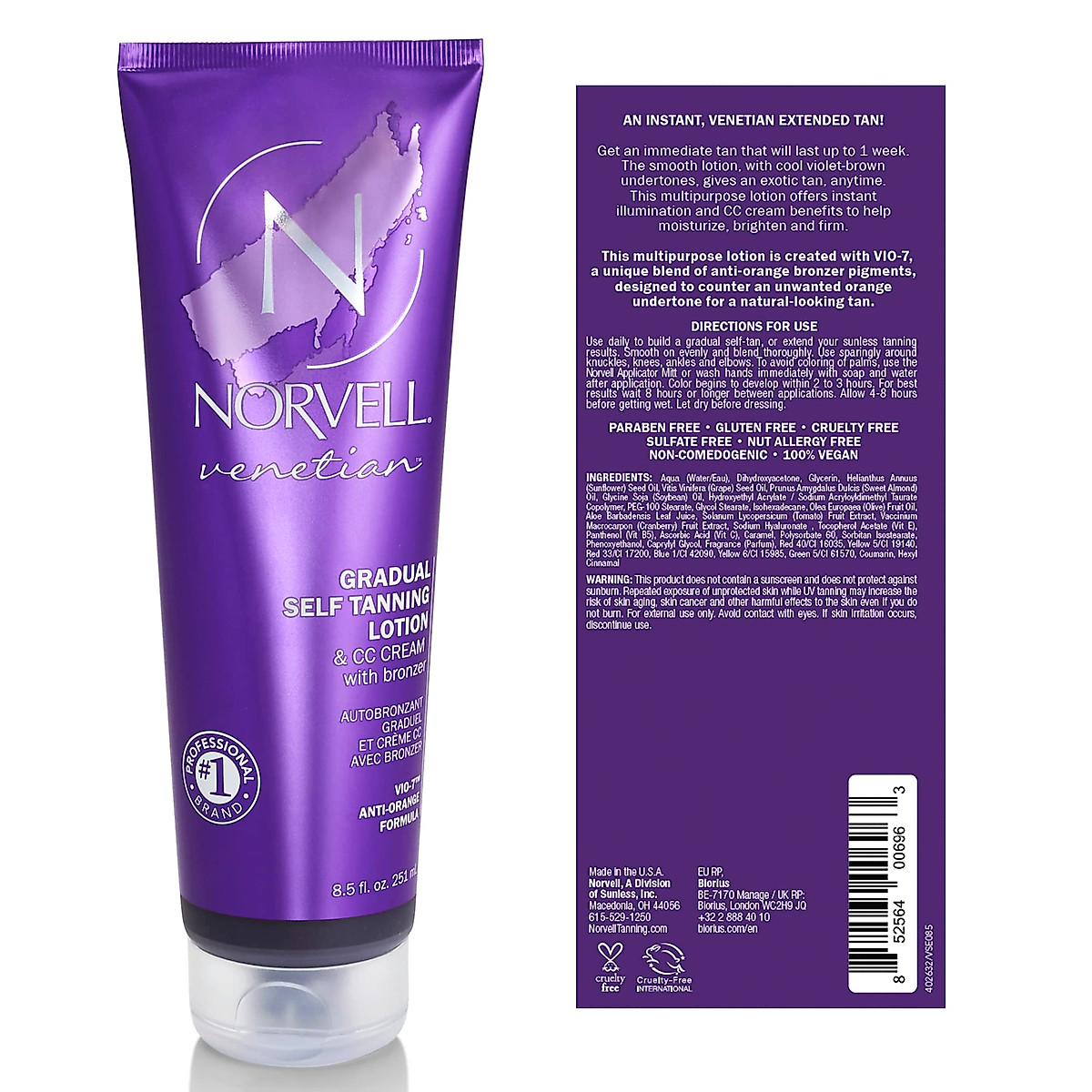 Norvell Venetian Sunless Self Tanner Gradual Color Extender Moisturizing Lotion, 8.5 fl.oz - Self Tanning Cream with Violet and Brown Tone, Instant Bronzers Fake Tan