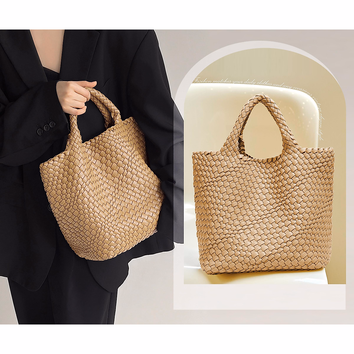 KALIDI Woven Tote Bag, Women Macaron Soft Leather Weave Handbag Purse Wrist Bag Large Capacity Work Shopping Travel Daily