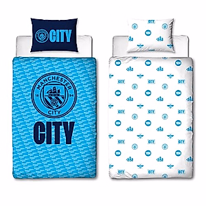 Character World Official Manchester City FC Single Duvet Cover Set, Crestcol Design | Blue Reversible 2 Sided Football Bedding Cover Official Merchandise Including Matching Pillow Case