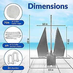 WindRider Boat Anchor Kit for Different Size Boats - Complete Boating Anchors - includes Fluke Anchor, Rope, Galvanized Steel Anchor Chain, and Shackles - Essential Pontoon Boat Anchor Kit